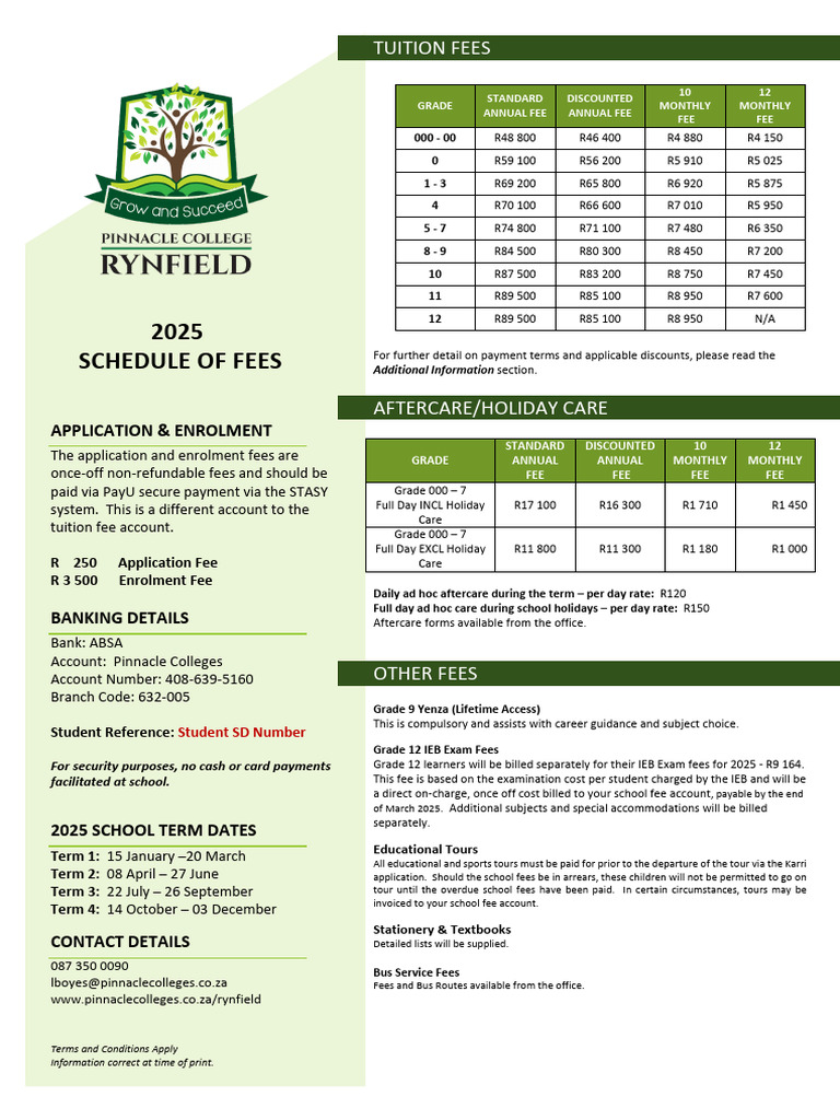 PC Rynfield Fees 2025 - Final | PDF | Fee | Services (Economics)