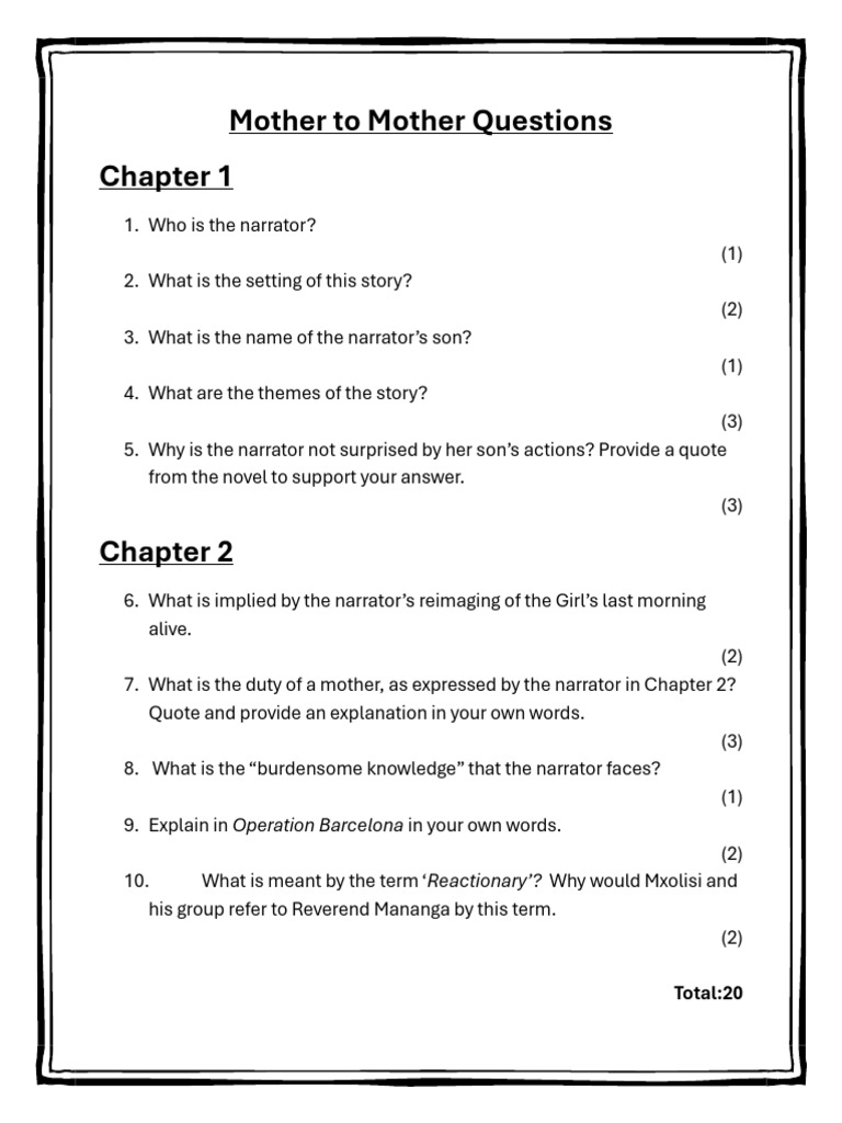 Mother To Mother Questions Chapter 1 - 2 | PDF
