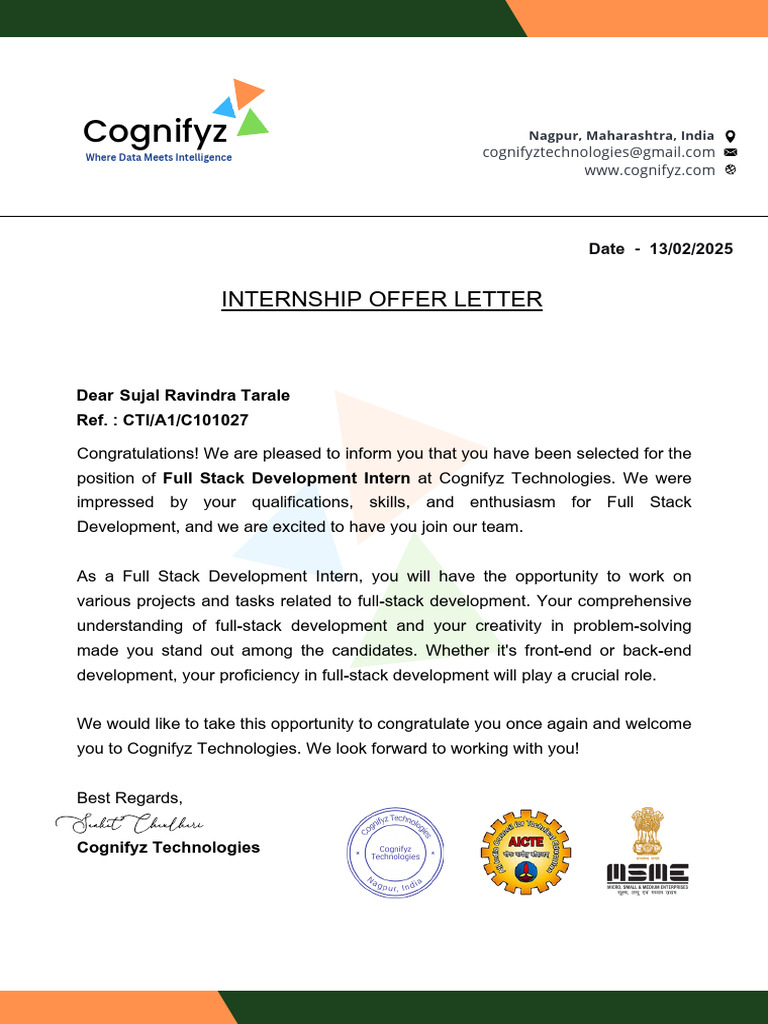 cognifyz intern offer letter | PDF