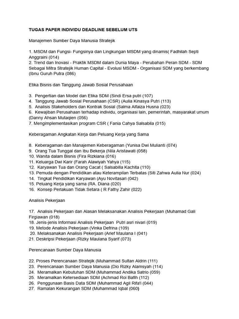 Pembagian Tugas Paper Individu 6B - Msdm. | PDF