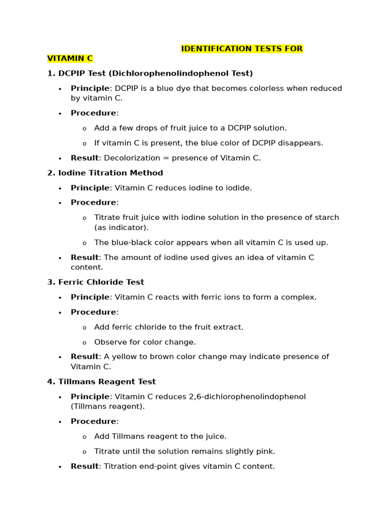 Identification Tests For Vitamin C | PDF