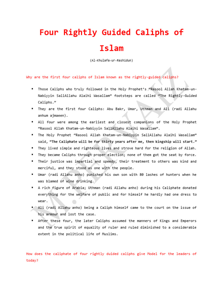 Four Rightly Guided Caliphs (Notes) | PDF | Umar | Caliphate