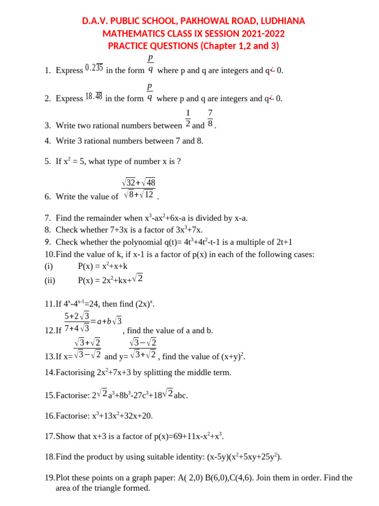 Class 9 Maths Practice Questions | PDF