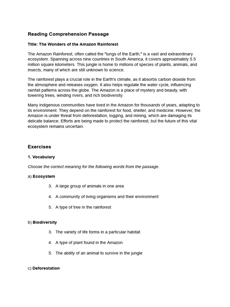 Practice Reading Comprehension Passage | PDF | Amazon Rainforest ...
