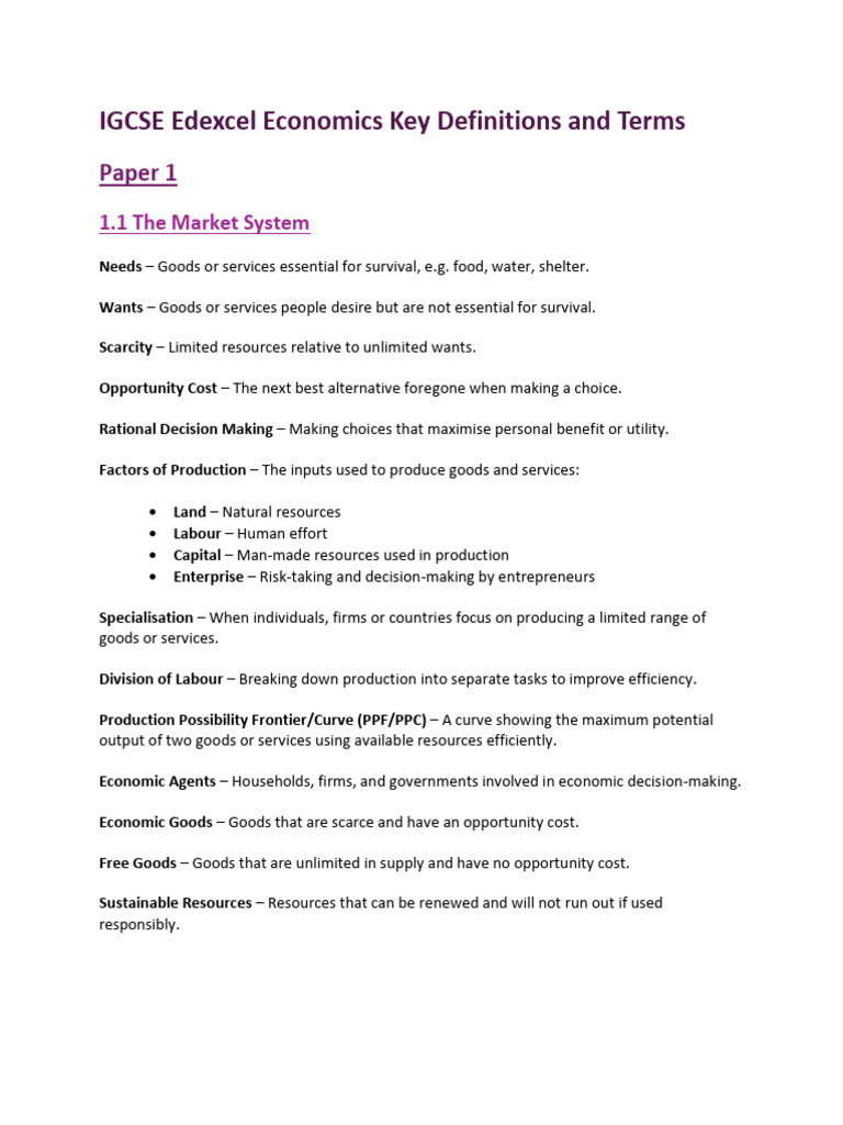 IGCSE Edexcel Economics Definitions Guide | PDF | Demand | Demand Curve