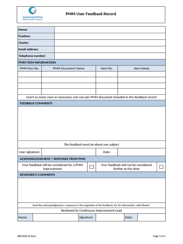 PMF-006-GOV-023 - 02 PMM User Feedback Record | PDF