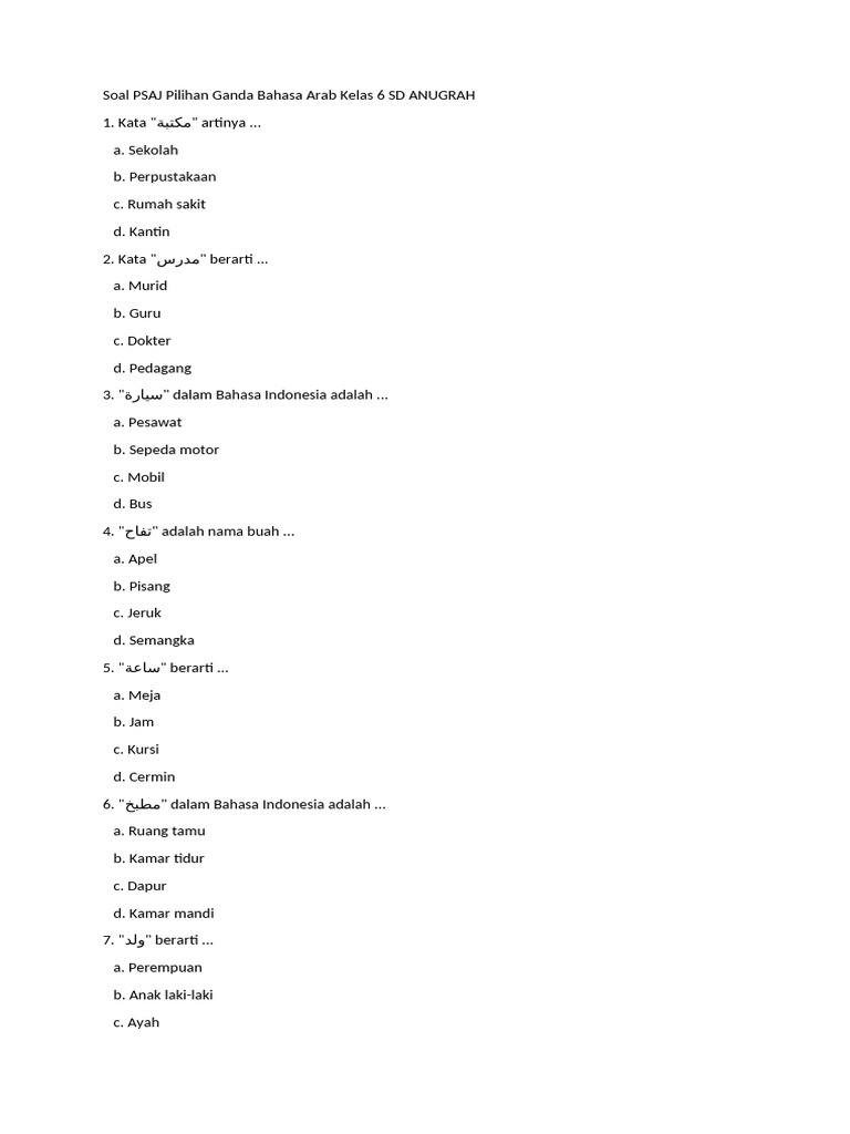 Soal PSAJ Pilihan Ganda Bahasa Arab Kelas 6 SD ANUGRAH | PDF