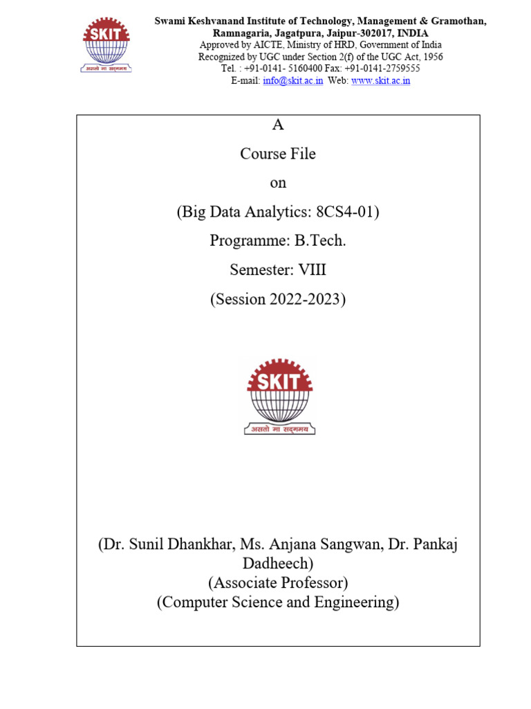 8CS4-01 - Big Data Analytics - Suneel Dhankar | PDF | Apache Hadoop | Engineering