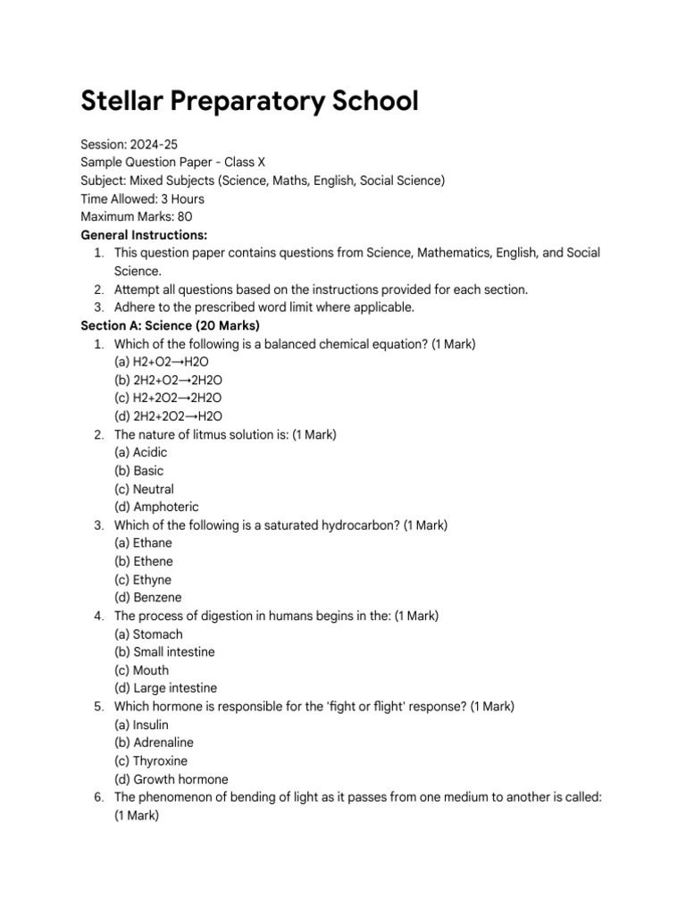 Class X Mixed Subjects Sample Paper | PDF | Quadratic Equation