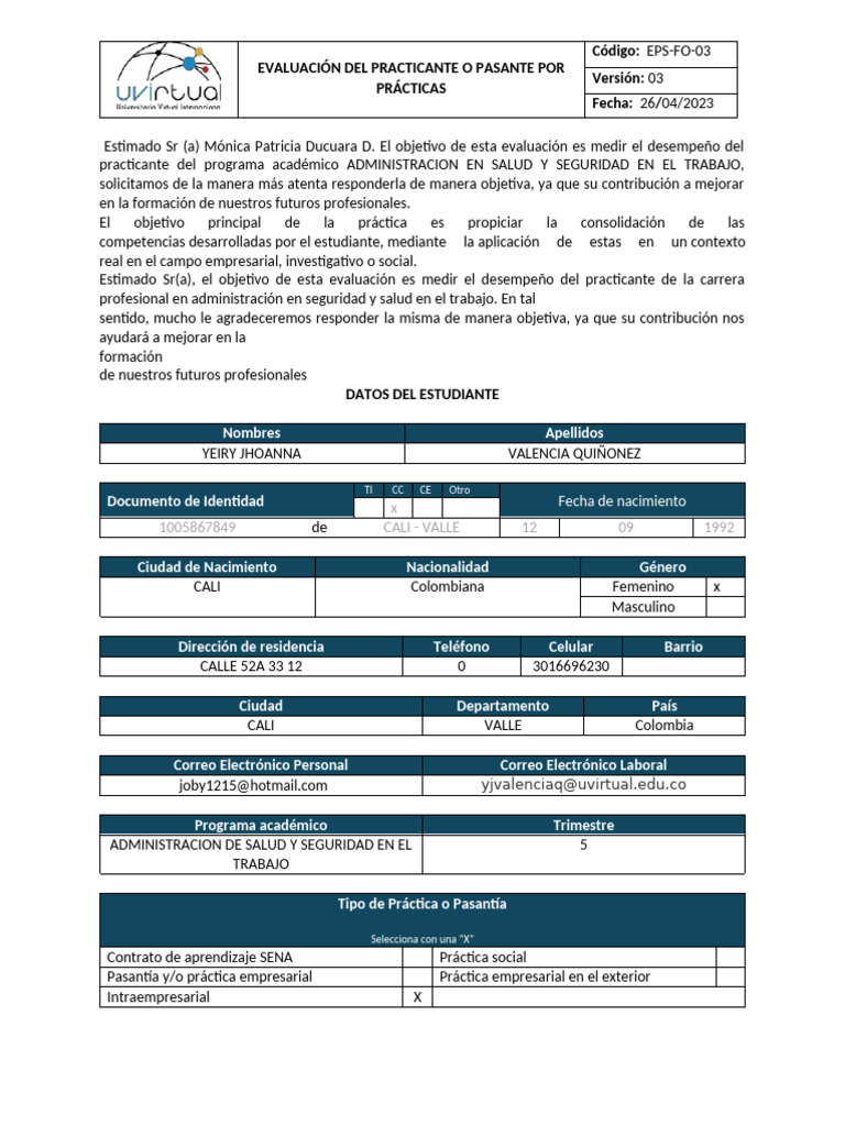 Eps-Fo-03 Evaluación Del Practicante o Pasante Por Prácticas V3 | PDF