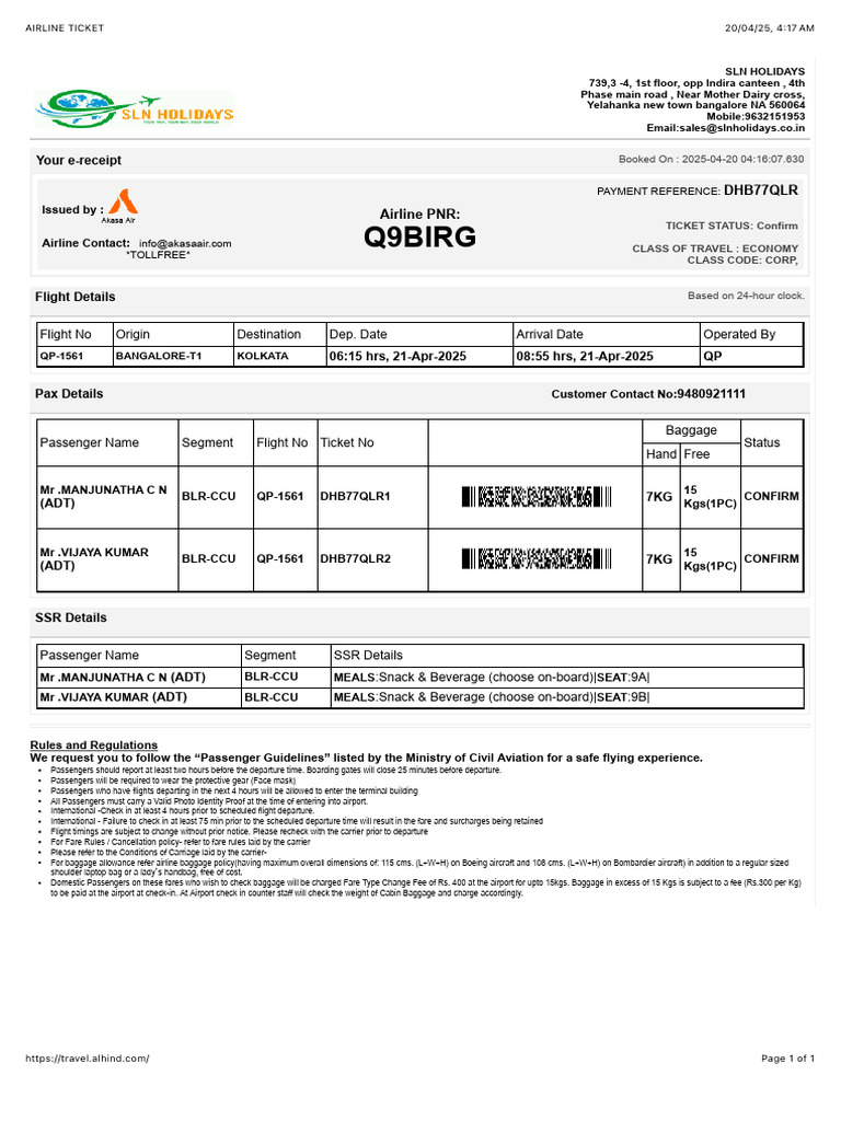 21apr BLR Ccu e Ticket MR Manjunatha X 2 | PDF | Civil Aviation | Transport