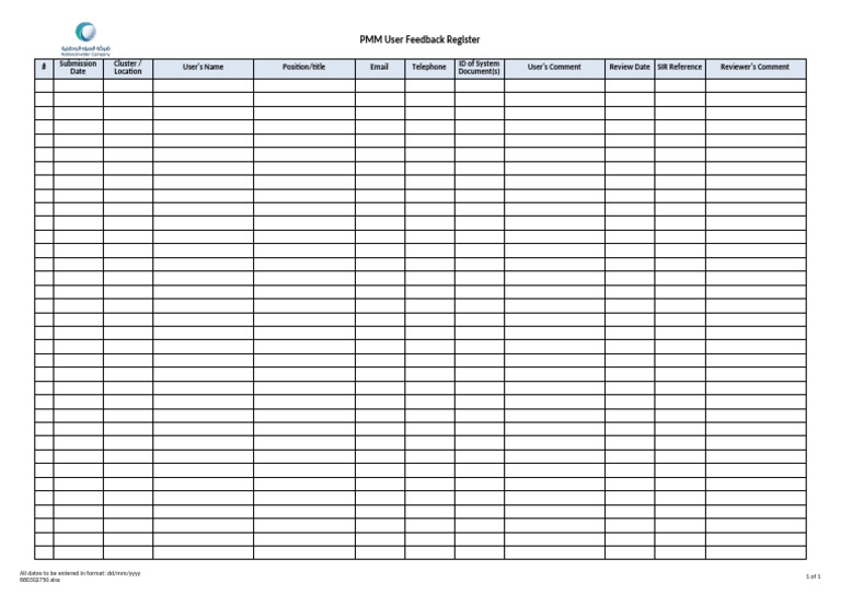 PMM User Feedback Register Template | PDF