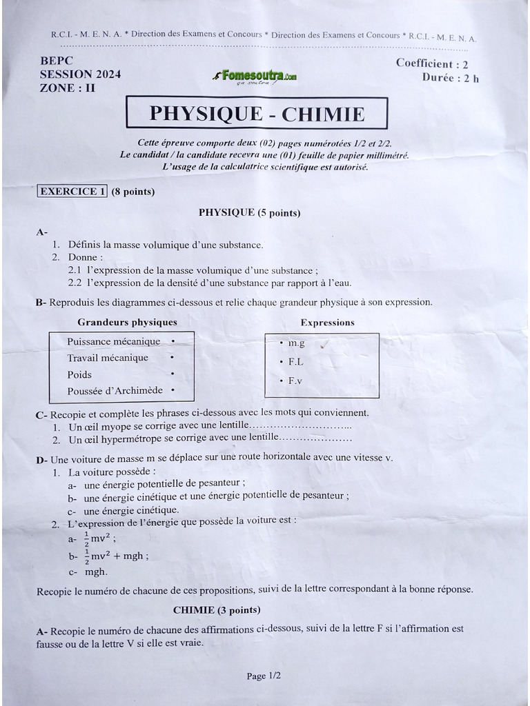 Bepc 2024 Zone 2 Physique Chimie (2) - 1 | PDF