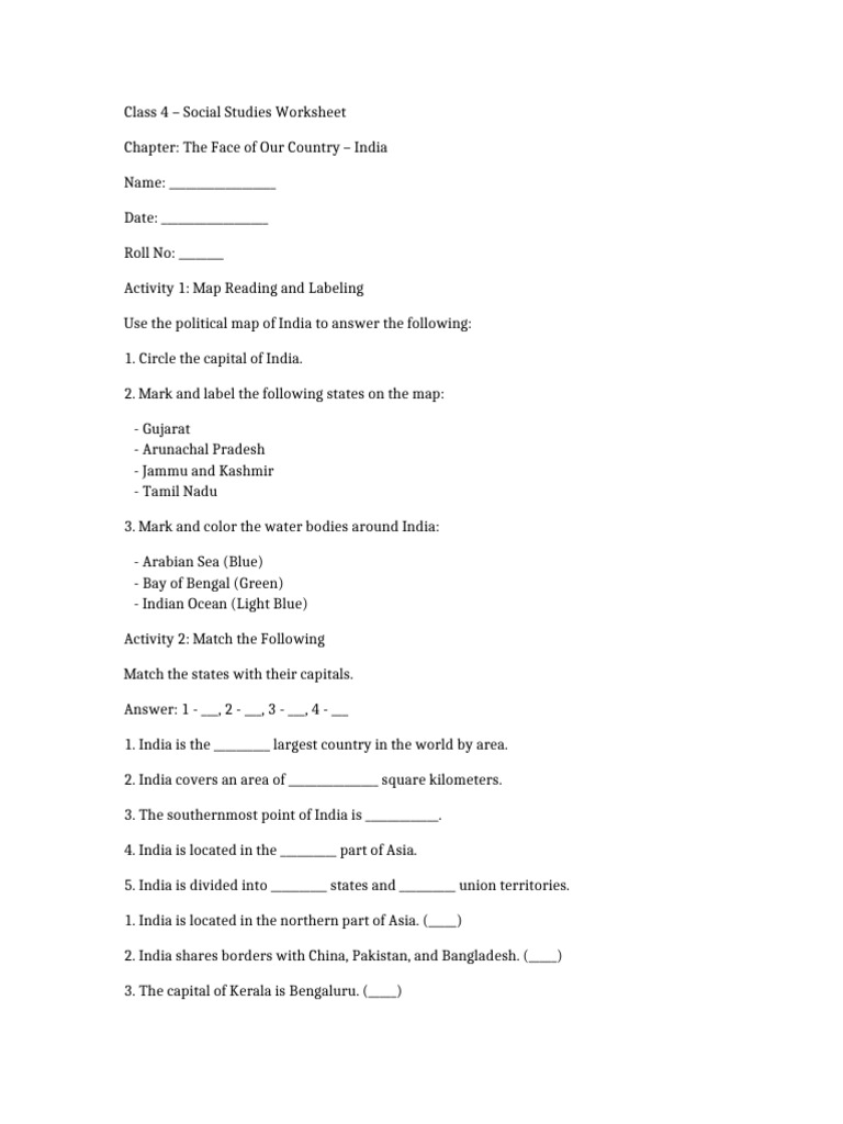 Class 4 Social Studies Worksheet Updated | PDF