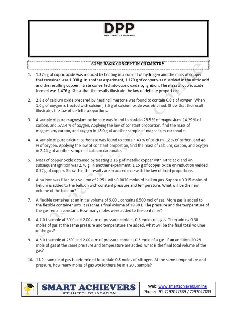 Class 11th DPP 5 Some Basic Concept in Chemistry 2025 | PDF | Gases | Mole (Unit)
