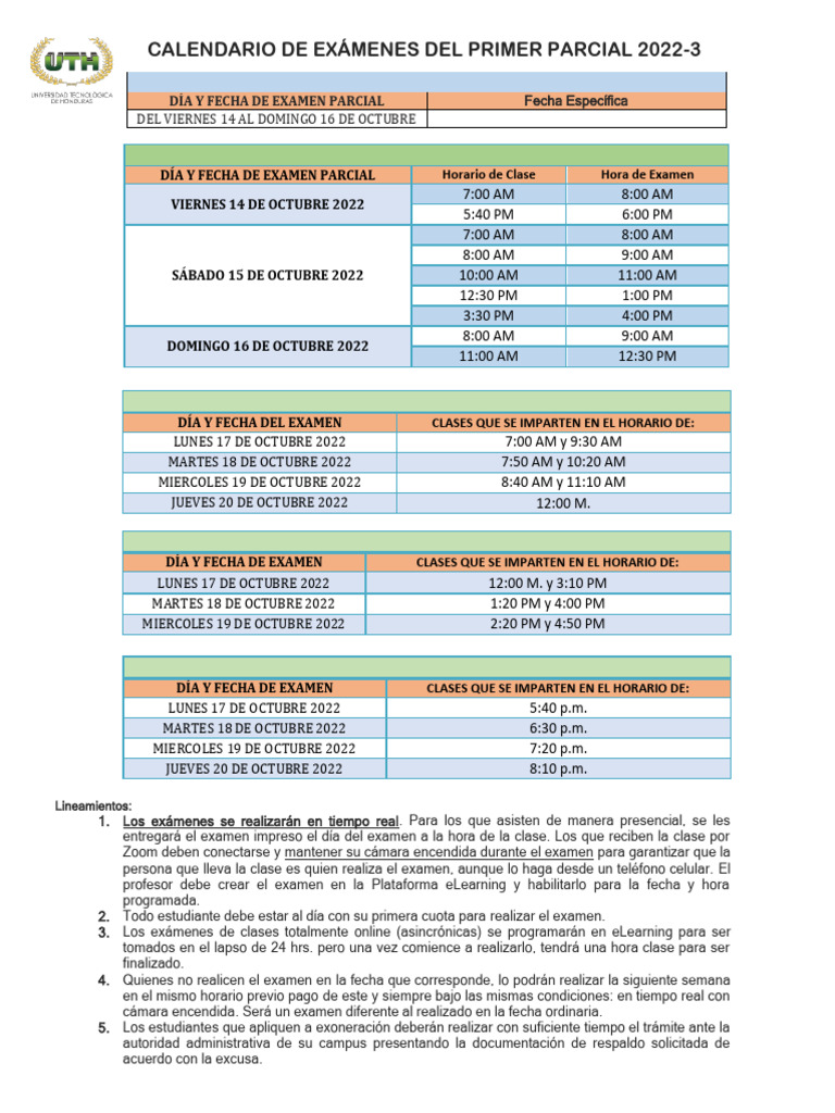 Calendario de Exámenes Del Primer Parcial 2022-3-1 | PDF