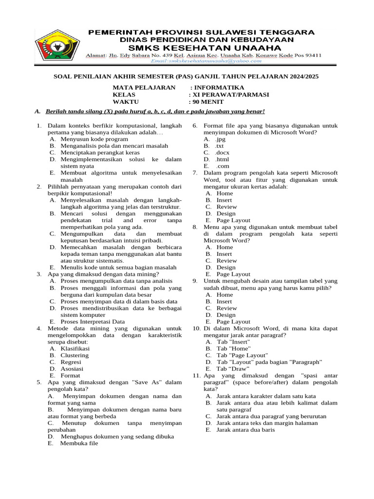 Soal PAS Informatika-X - SMKS Kesehatan | PDF