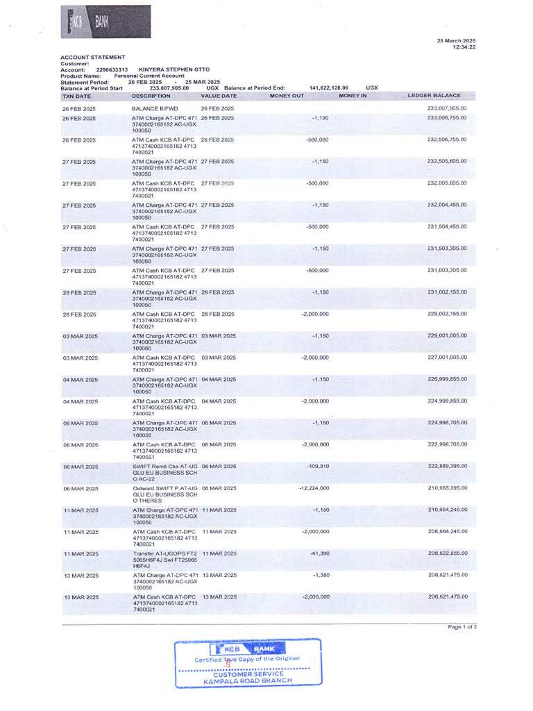 Bank Statement, 25.03.2025 - KCB Bank | PDF