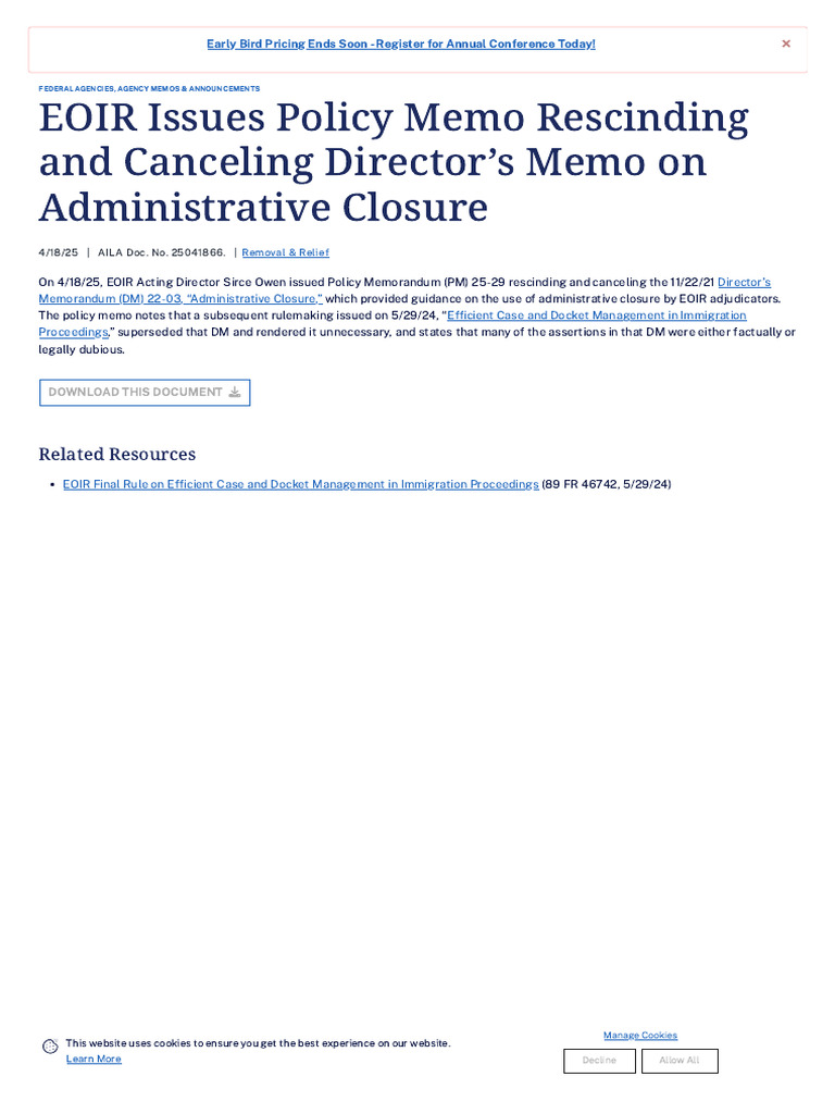 EOIR Issues Policy Rescinding Director's Memo On Administrative Closure ...