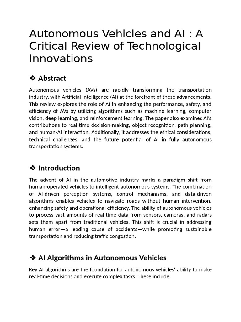AI Innovations in Autonomous Vehicles | PDF | Artificial Intelligence ...