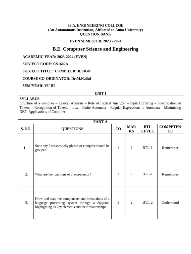 Compiler Design QB CS1602A - Updated | PDF | Parsing | Theoretical Computer Science