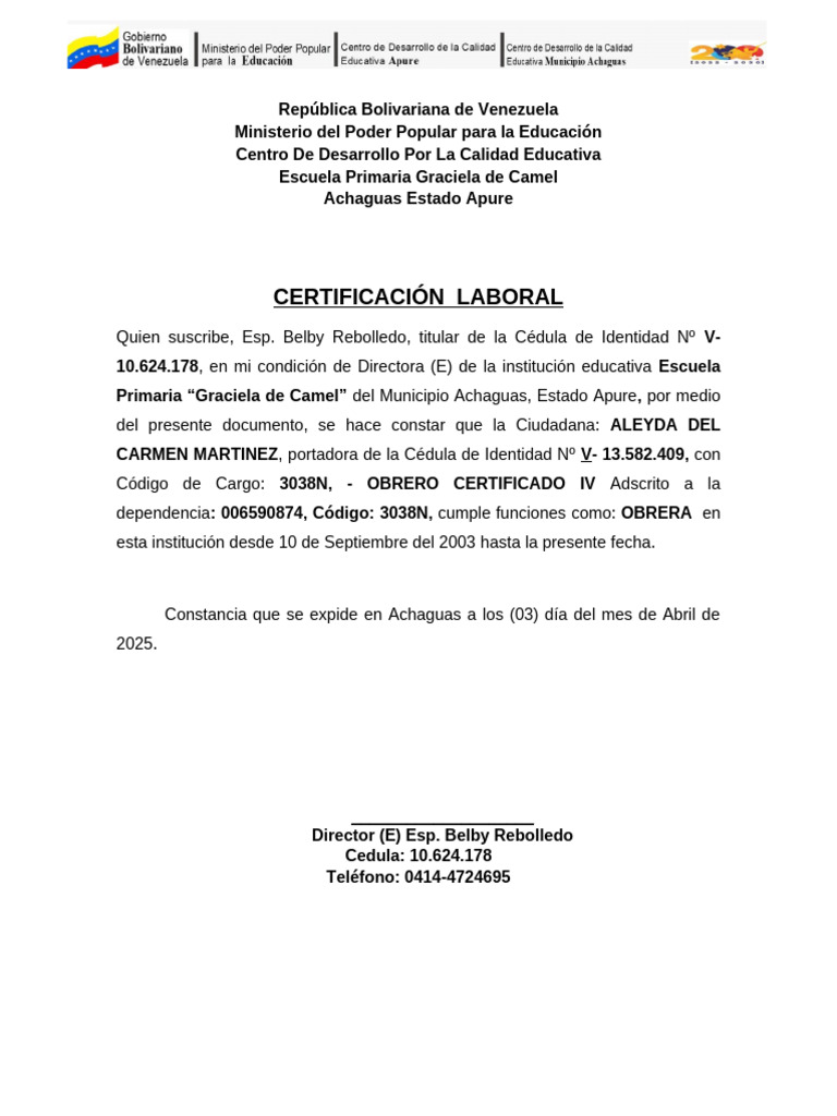 MODELO CERTIFICACION LABORAL (Aleyda) | PDF