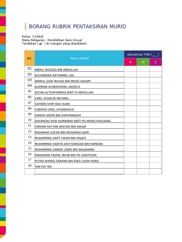 3o - Borang Rubrik Pentaksiran Murid | PDF