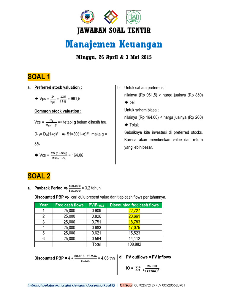 (PEMBAHASAN SOAL 1) MANAJEMEN KEUANGAN - Tentir UTS Genap BEM KM STAN - Paguyuban DIV - MBM ...