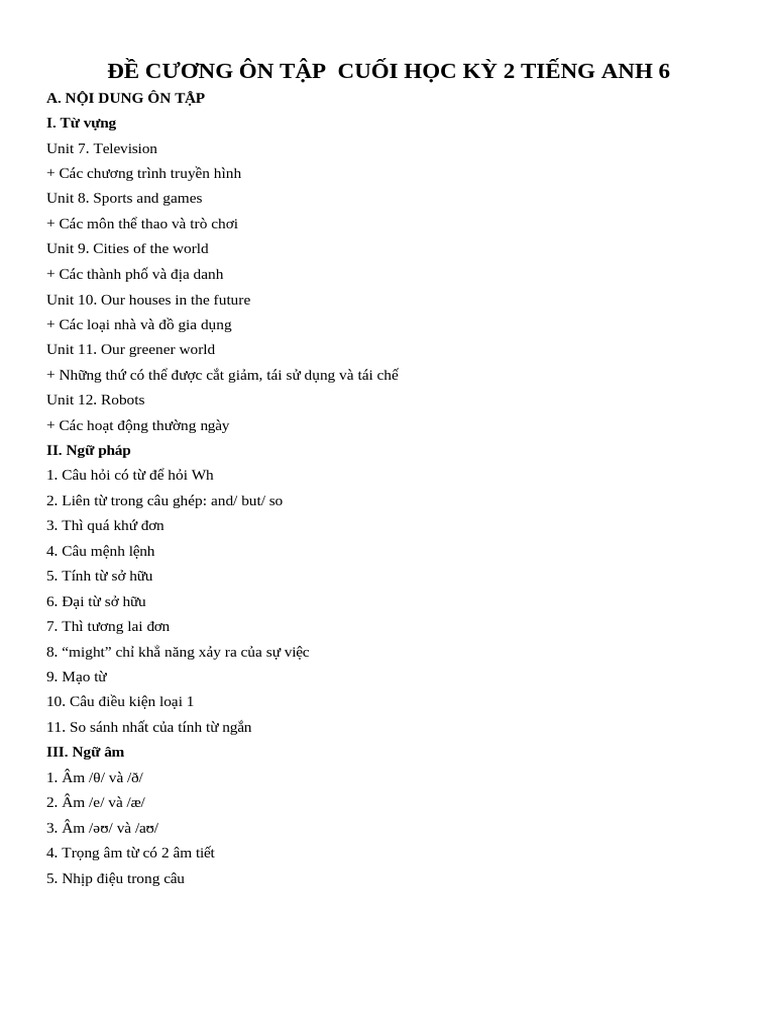 de-cuong-on-tap-hk2-tieng-anh-6-global-success-co-dap-an-GV | PDF