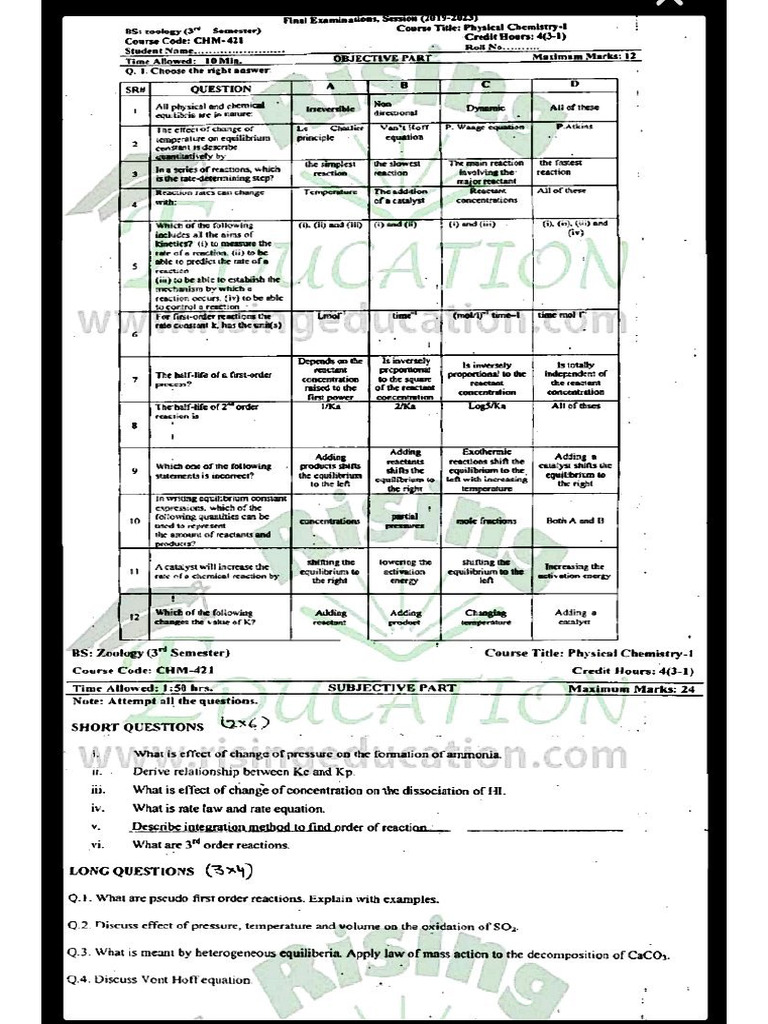 Past Paper .Bs Zool.3rd - Semester | PDF