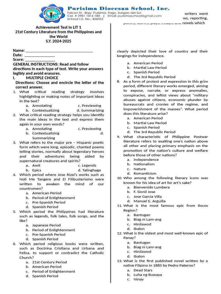 LIT 1 Achievement Test Overview | PDF