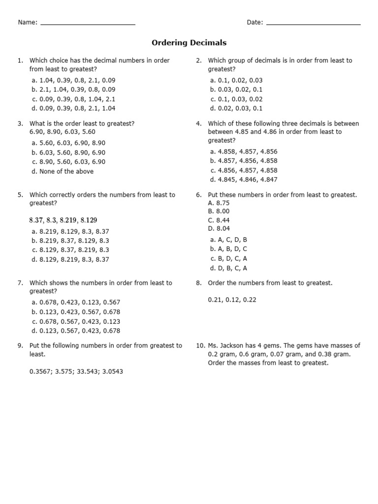 Ordering Decimals: Least to Greatest | PDF