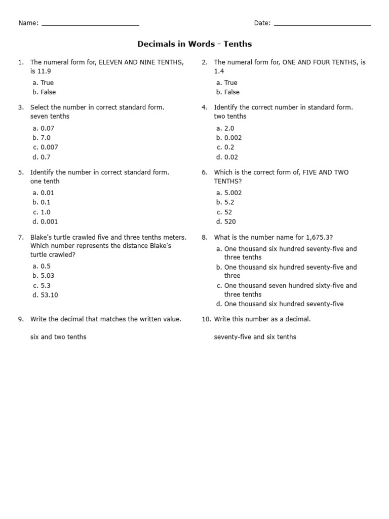Decimals in Words: Tenths Practice | PDF