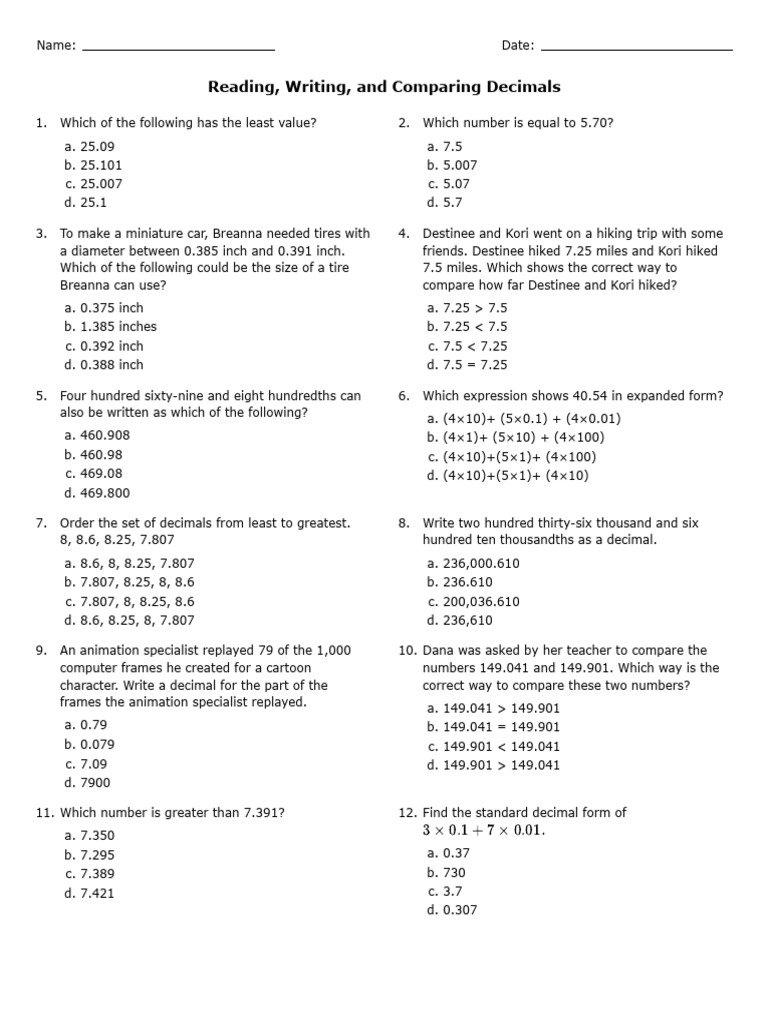 Reading, Writing, and Comparing Decimals (Grade 5) - Free Printable ...