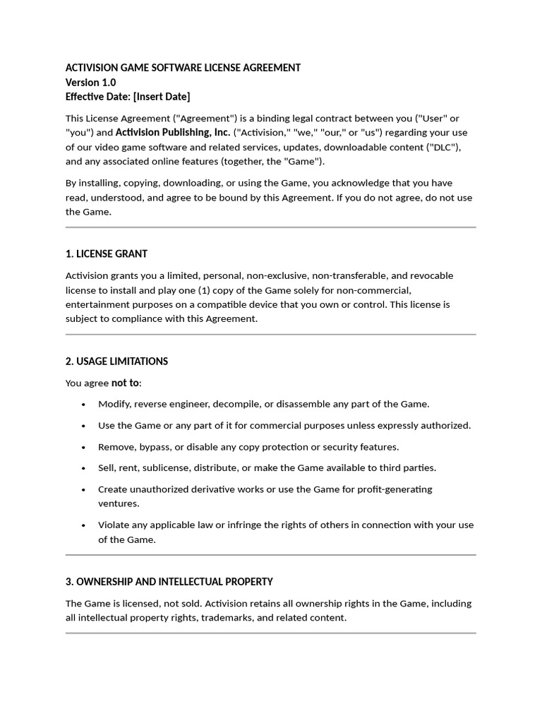 Activision Game Software License Agreement | PDF | License | Business Law