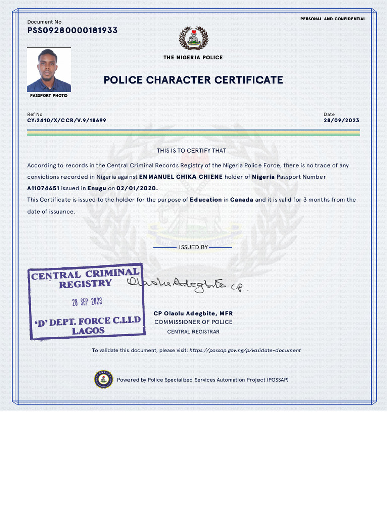 Nigeria Police Character Certificate | PDF