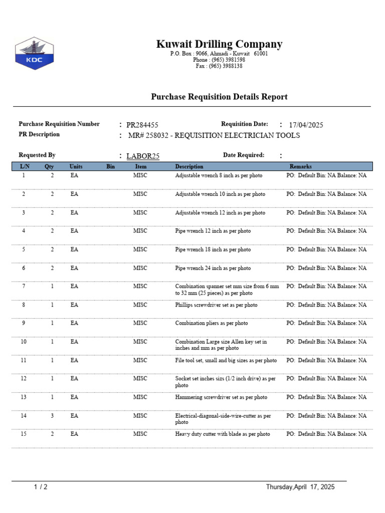 Electrician Tools Requisition PR284455 | PDF
