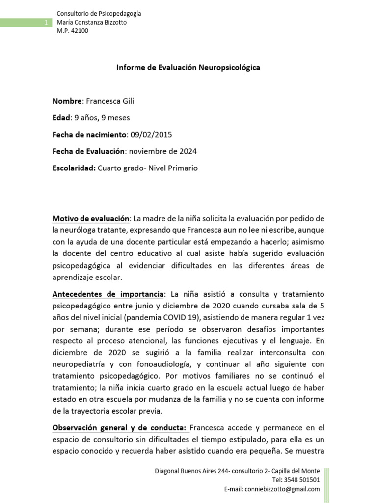 Evaluacion Neurocognitiva Francesca Gilli | PDF | Memoria | Atención