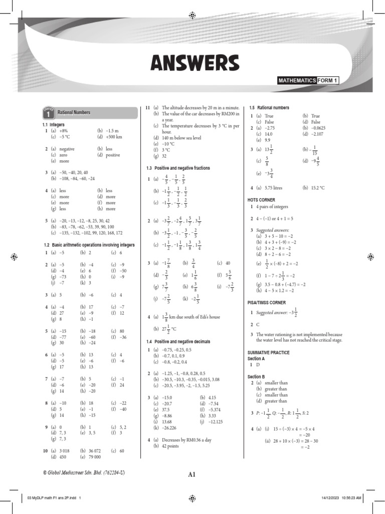 Answer Module myDLP Mathematics Form 1 | PDF | Rational Number ...