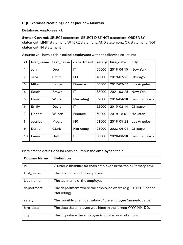 Answer For Exercise 1 - SQL Fundamentals (SELECT & Filtering Statements ...