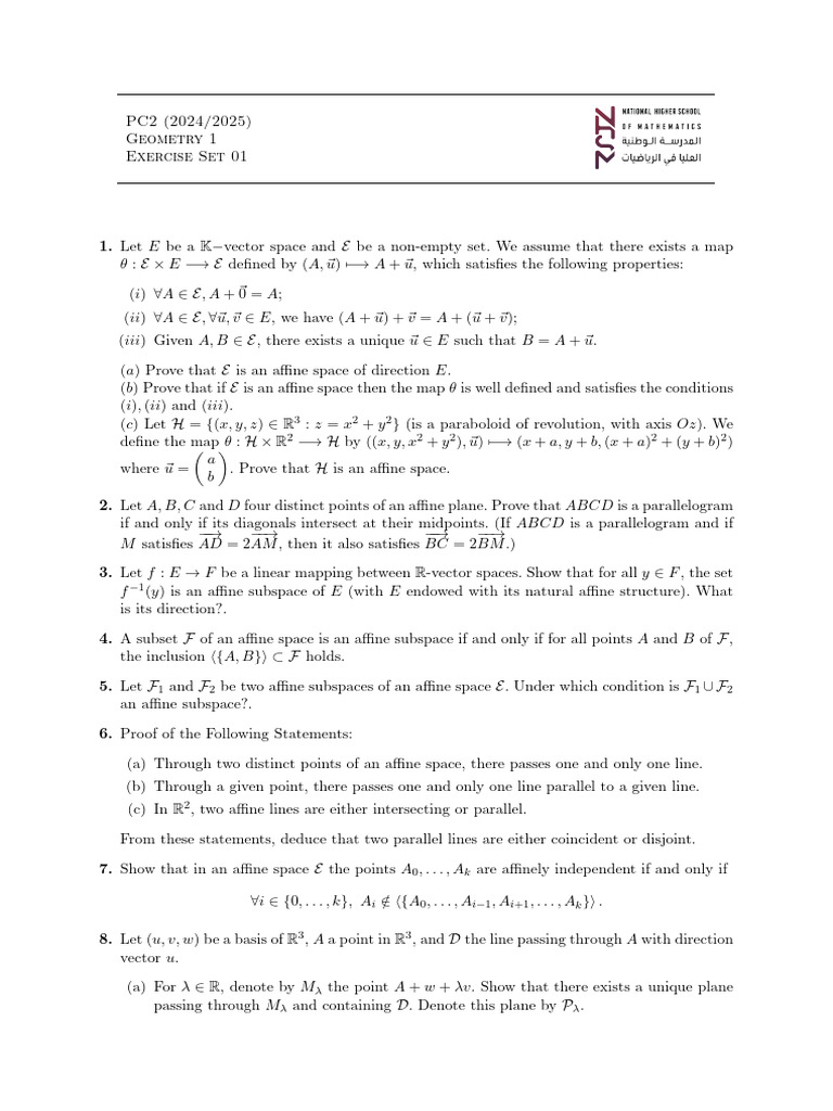 Exercise Set 1. 2024-2025 | PDF | Linear Subspace | Mathematical Concepts