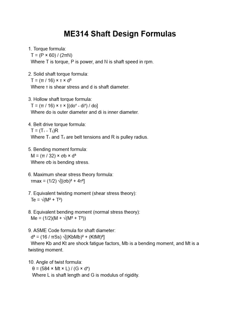 ME314 Shaft Design Formulas | PDF