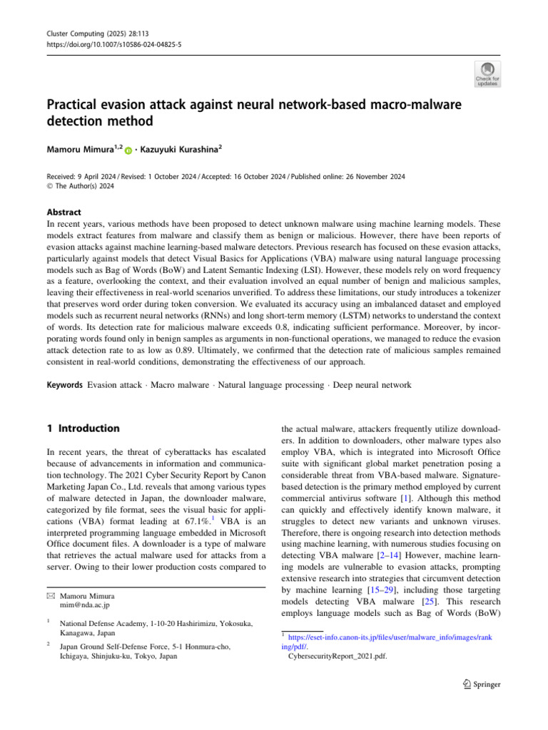 Practical Evasion Attack Against Neural Network-based Macro-malware Detection Method | PDF ...