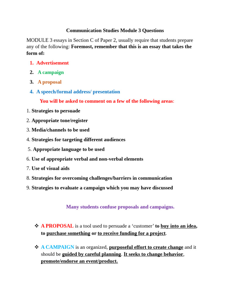 CAPE COMMUNICATION STUDIES MODULE 3 ESSAY HANDOUT v2 | PDF ...