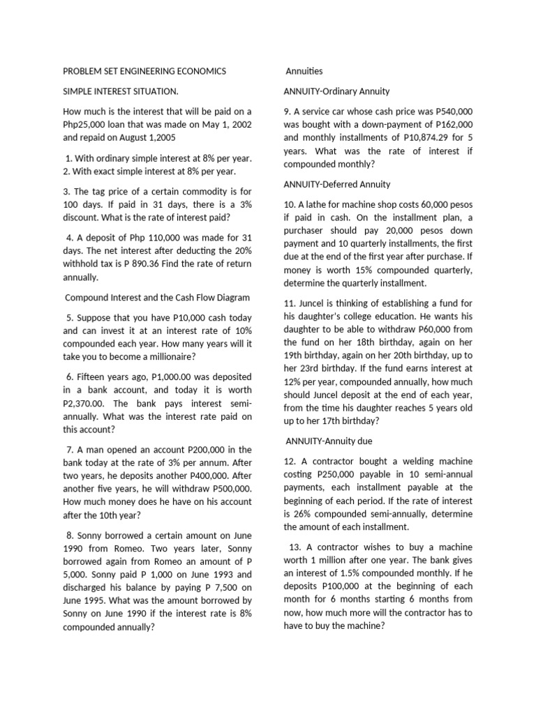 Engineering Economics Problem Set | PDF | Depreciation | Interest