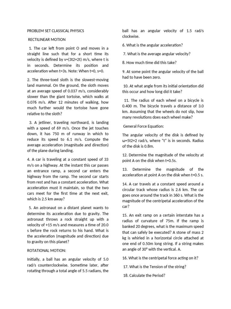 Classical Physics Problem Set | PDF | Acceleration | Mechanics