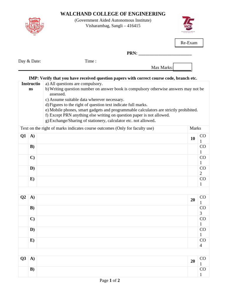 Walchand College Re-Exam Question Paper | PDF