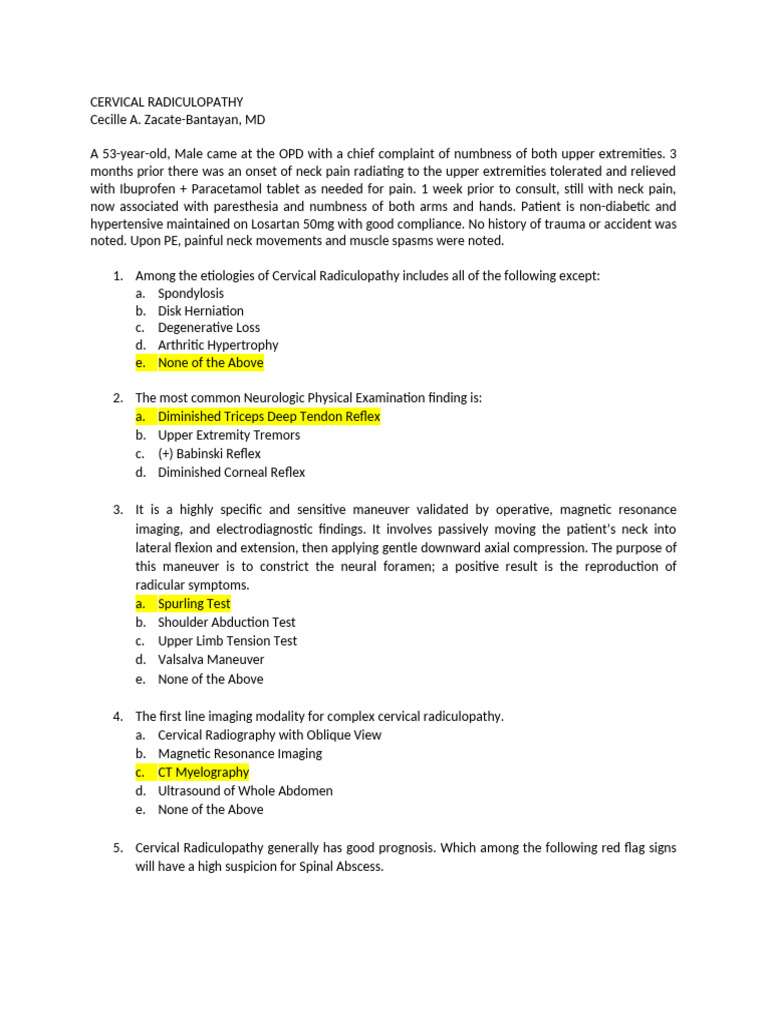 Exam Cervical Radiculopathy | PDF | Neurological Disorders ...