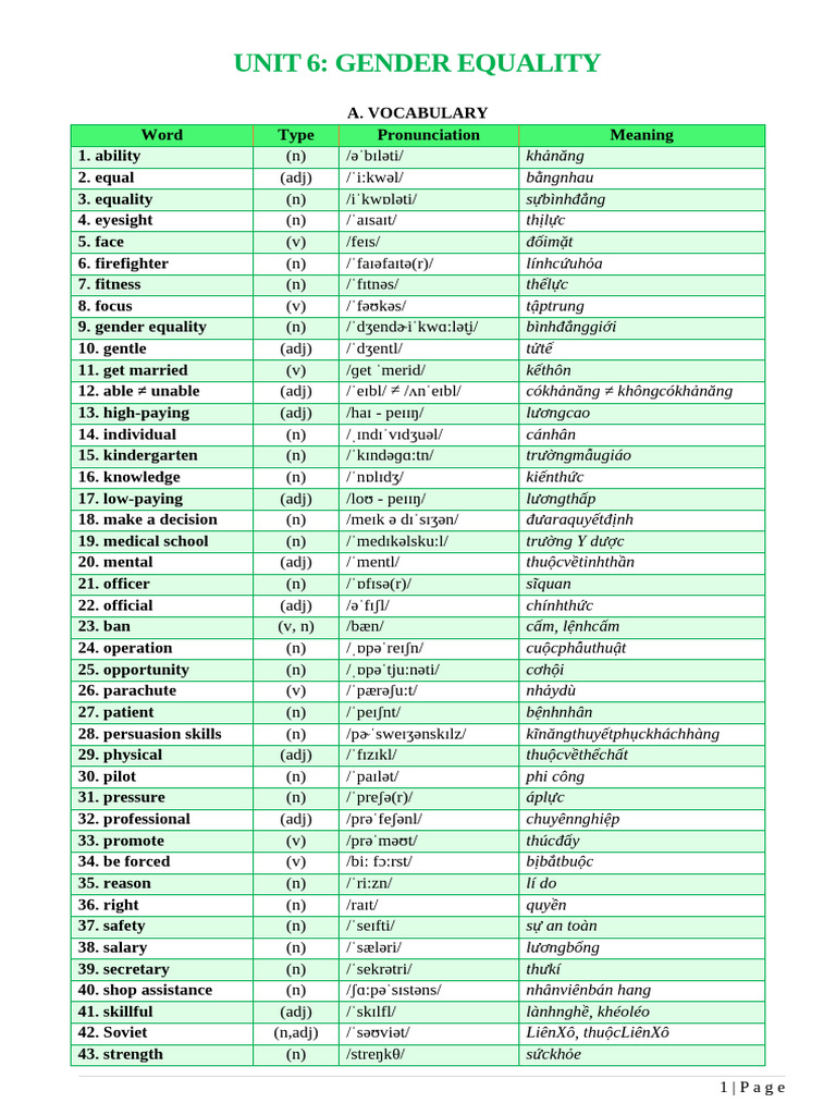 Gender Equality Vocabulary and Grammar Guide | PDF | Gender Inequality ...