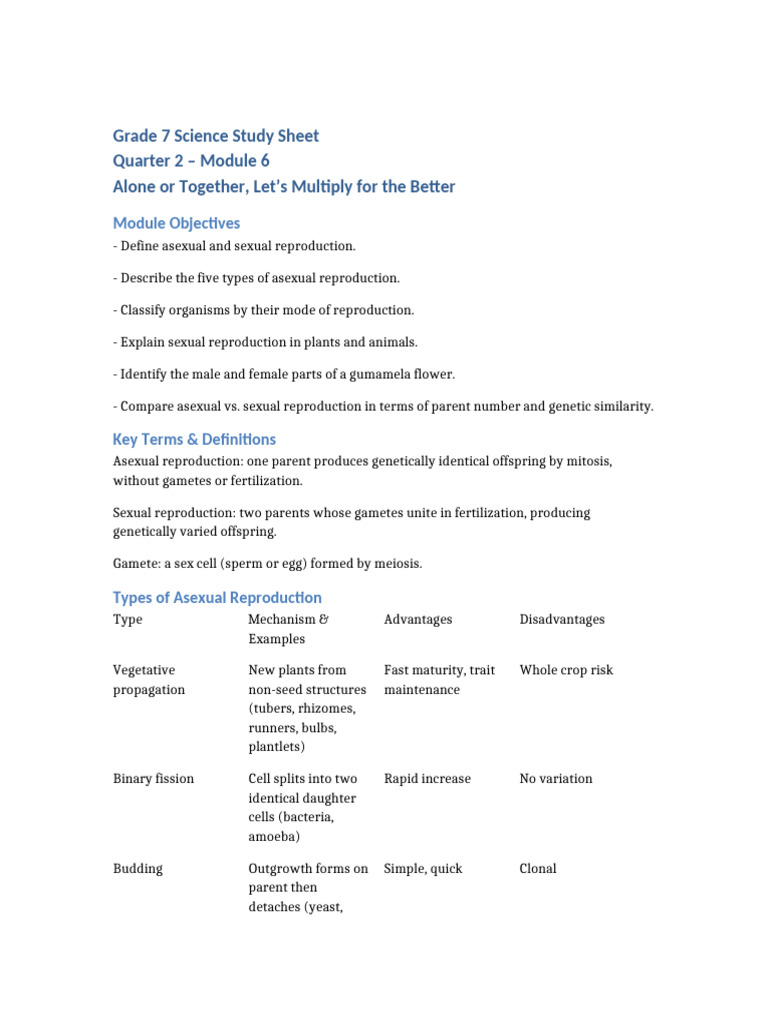 Science7_Module6_Study_Sheet | PDF | Sexual Reproduction | Plant ...